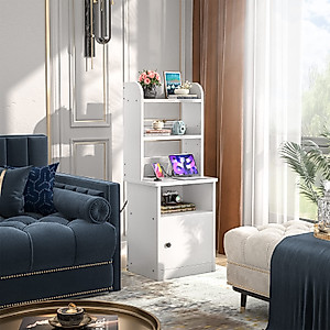 Tall Nightstands Set of 2 with Charging Station and LED Lights - 47" Tall Bedside Table with Adjustable Bookshelf, Industrial End Table Side Table with Storage Cabinet for Home Office, White