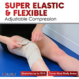 HEALQU Premium Elastic Bandage - Self-Closure Compression Wrap for Legs, Knees, Ankles, Wrists, Elbows, Shoulders - 4 Inch by 5 Yards, Box of 4 Rolls Athletic Stretchable Bandage Wrap
