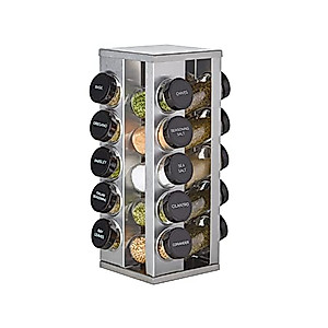 Kamenstein Brushed Stainless Steel 20-Jar Revolving Countertop Spice Rack, Pre Filled Spice in the USA, 5 Year Free Refills, Removable Sifter Cap with easy to Refill Glass Jars Labeled