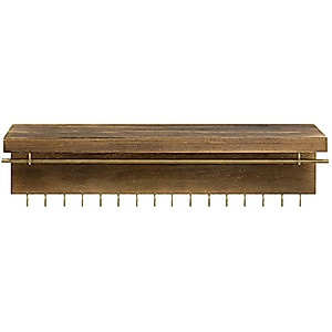 MyGift Wall Mounted Rustic Brown Wood Necklace and Bracelet Jewelry Organizer Rack with Cosmetic Display Shelf, Gold-Tone Metal Hanging Earring Bar and 16 Hooks