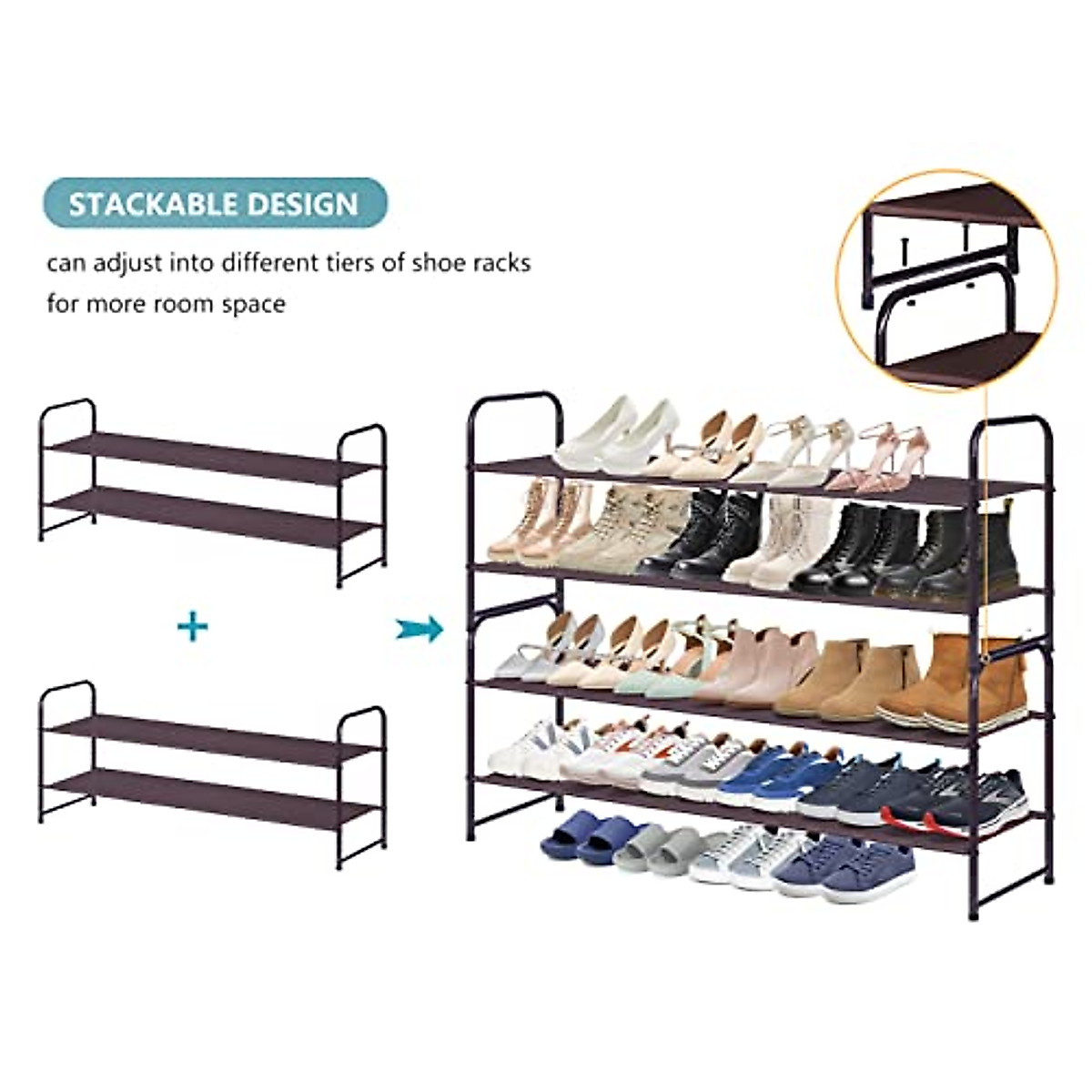 AOODA 2 Tier Long Shoe Rack for Closet Stackable Wide Low 18-Pairs Fabric Shoe Shelf Storage Organizer for Floor,Bedroom (Bronze)