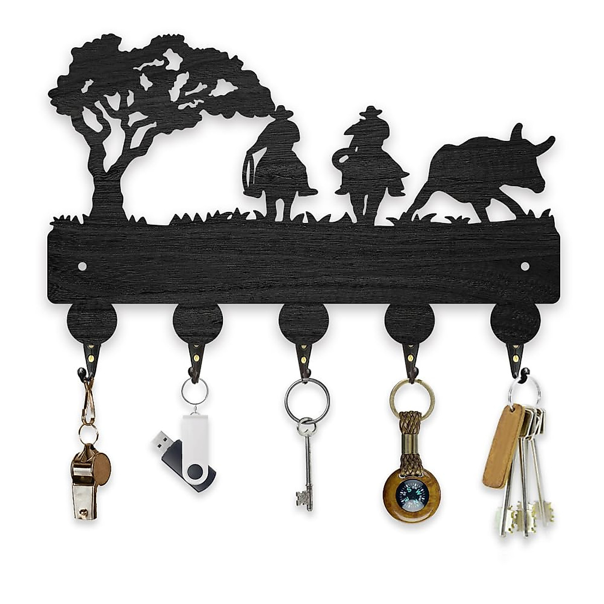 BEUNITONE Cowboy Wooden Key Holder for Wall Cow Coat Hooks Tree Wood Key Rack 11.8x7.9 Towel Display Hanger Wall Mounted with 5 Hooks and Screws for Entryway Front Door Kitchen Hallway Office
