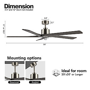 WINGBO 64 Inch DC Ceiling Fan without Lights, 5 Reversible Carved Solid Wood Blades, 6-Speed Noiseless DC Motor, Ceiling Fan No Light with Remote, Brushed Nickel Finish with Gray Blades, ETL Listed