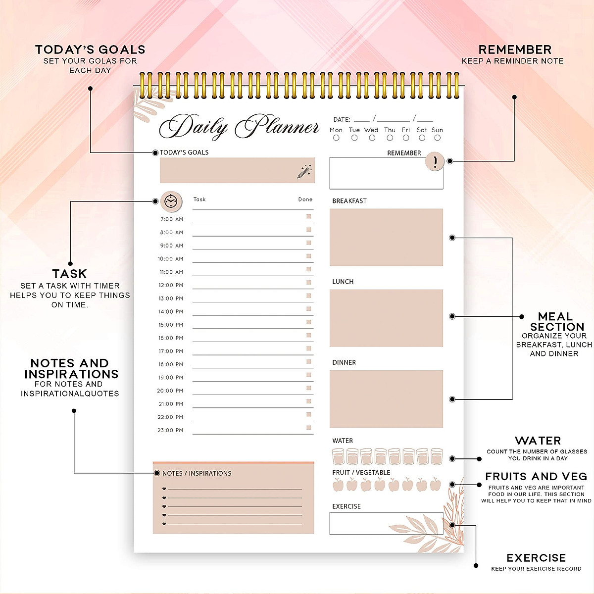 Daily Planner with 4 Office Highlighters, To do List Notebook with Hourly Schedule, Productivity Calendar Exercise, Work Organizer for Man/Women, Daily Journal for Priority Notes, (6.5x9.8")