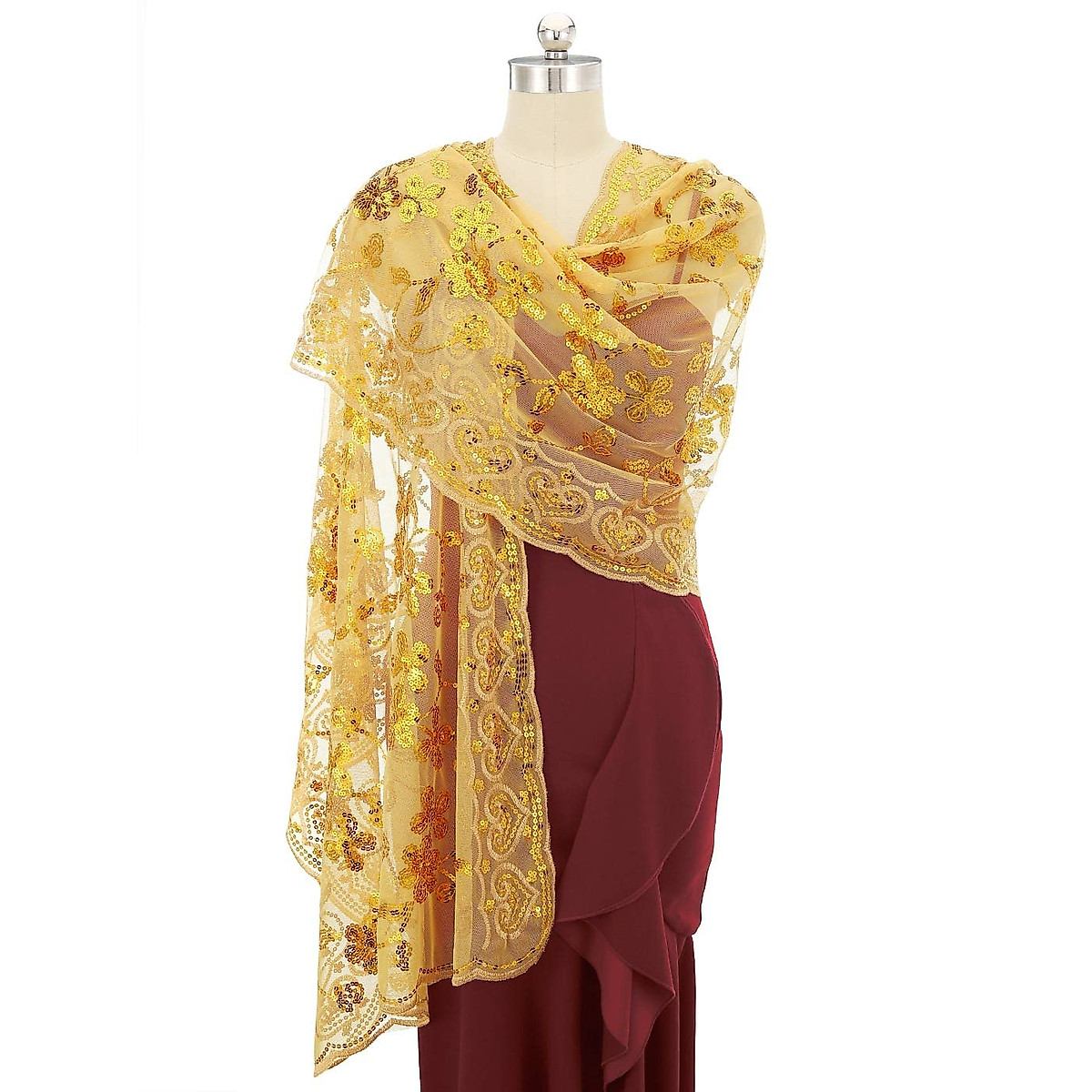 Aukmla Sequin Shawls and Wraps for Evening Dresses 1920s Lace Scarf Wedding Spakle Cape Cover Up Wedding Accessories(A Gold)