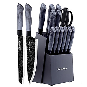 Amonior knife Set, Kitchen Knife Set 16 Pieces Knives Set for Kitchen with Block and Built-in Knife Sharpener Dishwasher Safe German Stainless Steel knife sets for kitchen