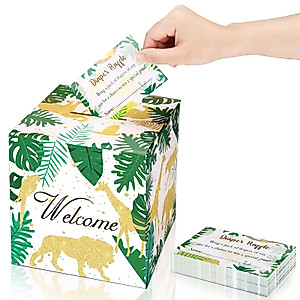 51 Pieces Safari Baby Shower Card Box Holder and Advice Cards Safari Diaper Raffle Cards Diaper Raffle Game Box Tickets for Safari Jungle Zoo Animals Themed Baby Shower Party Decorations Supplies