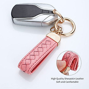 Genuine Leather Keychains, Handmade Knit Sheepskin Car Key chain for Women, Universal Key Fob Holder with 360 Degree Rotatable, Anti-Lost D-Ring, 2 Keyrings and 1 Screwdriver – Pink