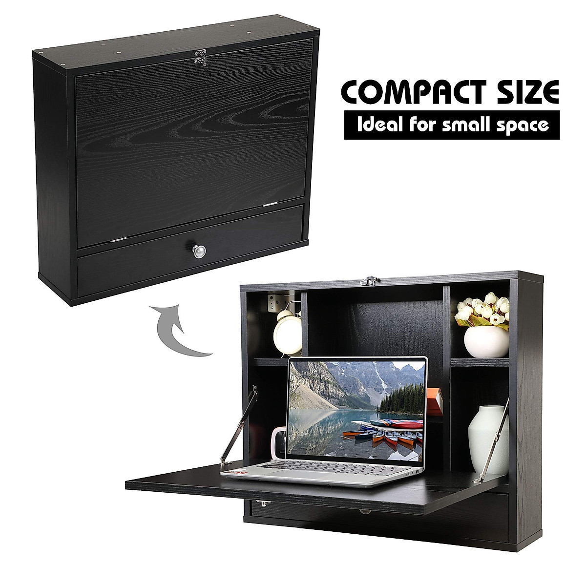 JAXPETY Wooden Wall-Mounted Space-Saving Desk, Fold Out Computer Laptop Desk with Storage Bookcase & Drawer, Convertible Writing Desk for Home Office, Black