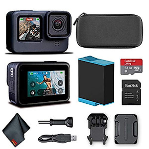 GoPro HERO9 Black - Waterproof Action Camera with Front LCD and Touch Rear Screens, 5K HD Video, 20MP Photos, 1080p Live Streaming, Stabilization + Sandisk 64GB Card and Cleaning Cloth