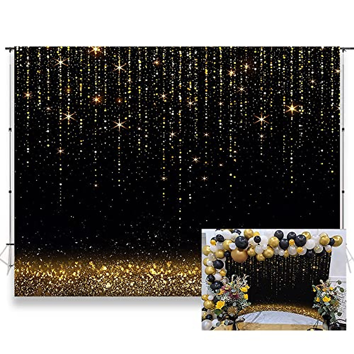 KUKUSOUL 7x5ft Gold Bokeh Spots Backdrop Black and Gold Glitter Sparkle Wedding Photography Background Birthday Party Decorations Banner Photo Booth Studio Props KUBQY087