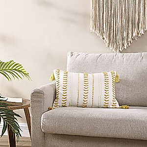 Brielle Home Milo Textured Cotton Boudoir/Lumbar Throw Pillow with Tassels, 14 inches by 20 inches, Mustard/White