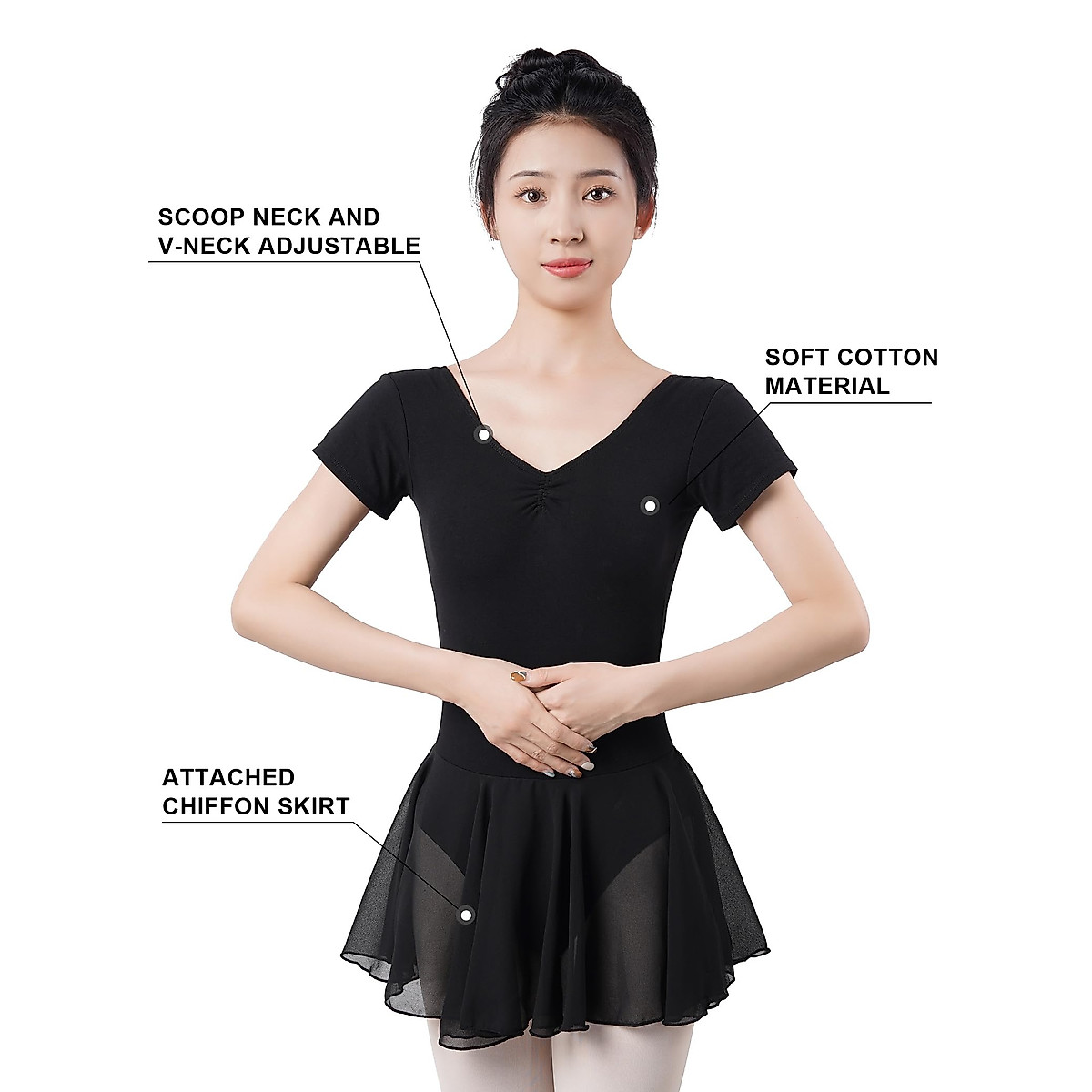 Phoeswan Skirted Dance Leotards, Women's Dance Skirt Black Cotton Short Sleeve Dance Dress for Ballet, Aerobics, Size X-Large