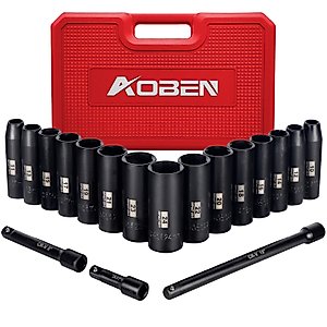 AOBEN 1/2-Inch Drive Impact Socket Set, 18 Pieces, 6 Point, Metric, 10mm - 24mm, Deep, Cr-V Steel, Includes 3", 5", 10" Extension bars