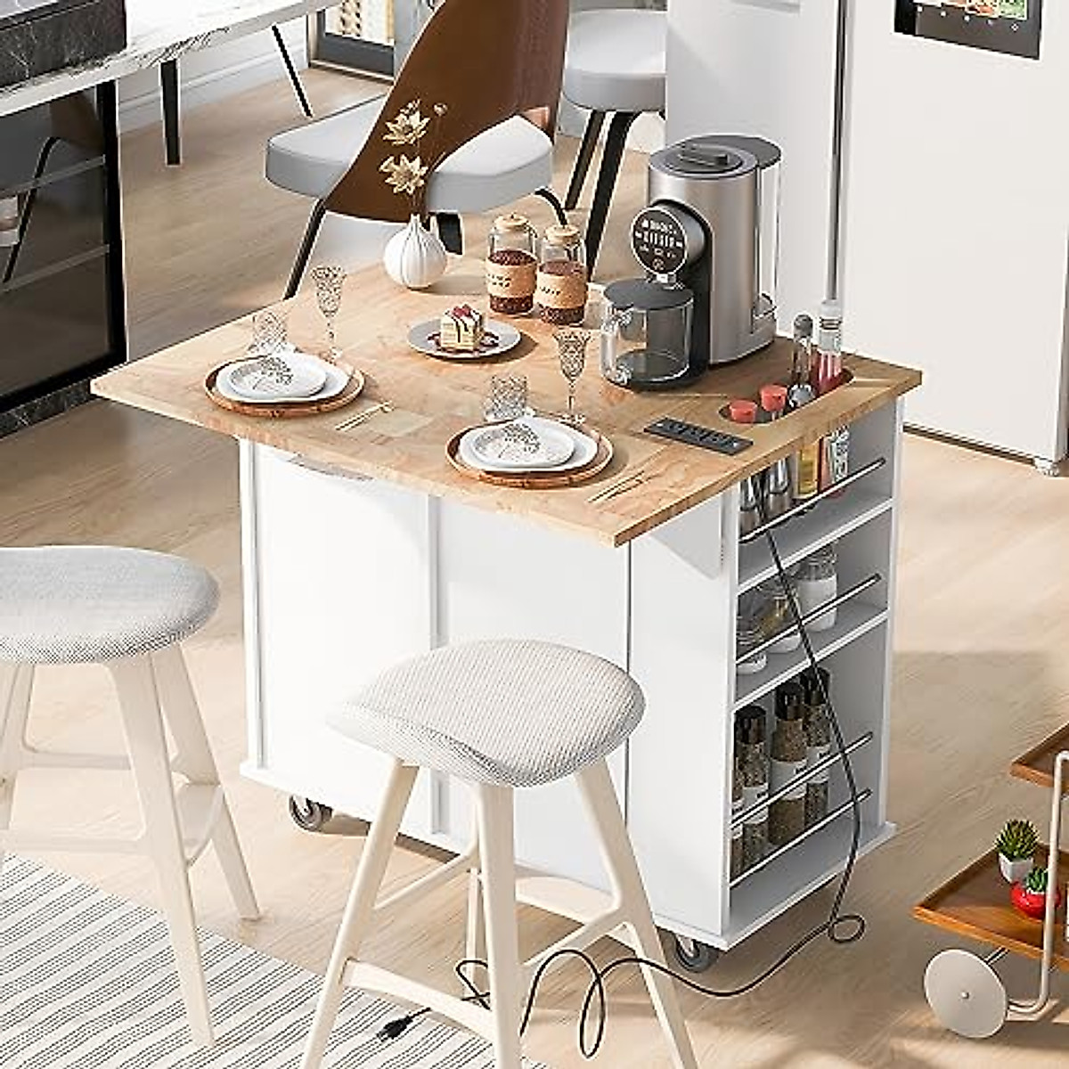Lunanniu Rolling Kitchen Island with Power Outlet Drop Leaf Wine Glass Holder- 5 Wheels Side Storage Cabinet & Drawers for Home Kitchen Room Rubber Wood Top Moveable Portable Kitchen Cart White