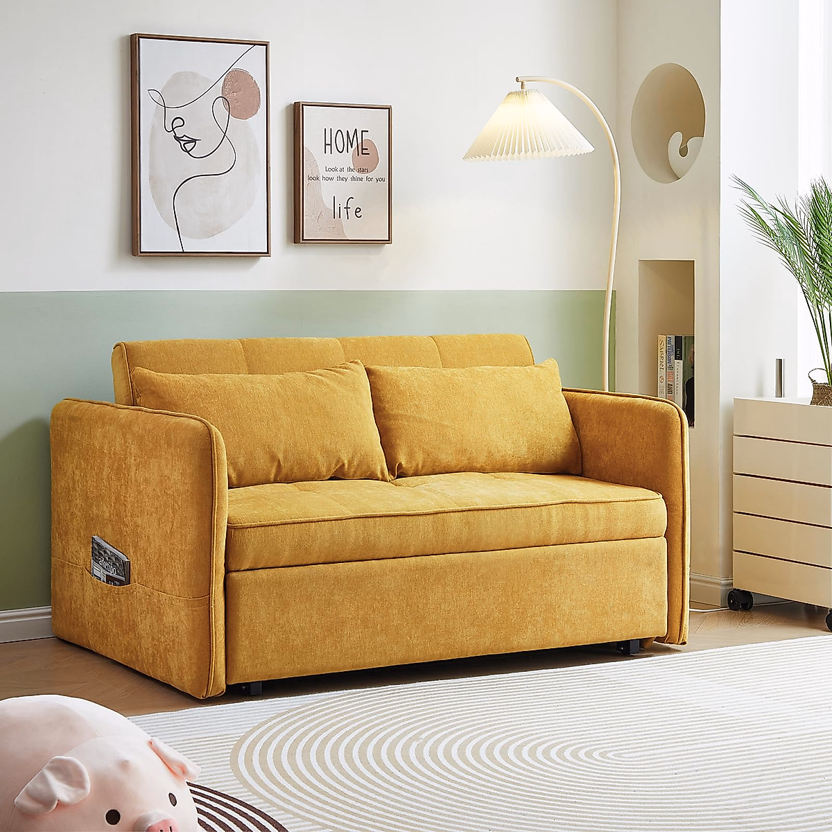 Convertible Sleeper Sofa Bed 3 in 1 Loveseat Couch Linen Small Sofa with Pull-Out Bed, Adjustable Backrest and Armrest, Futon Sofa with Side Pockets for Living Room Bedroom Apartment Small Space