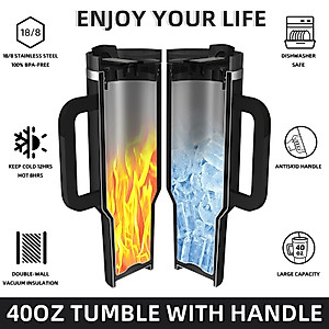 MURRICON 40 oz Tumbler with Handle and Straw,Reusable Vacuum Quencher Tumbler with Lid,Stainless Steel Insulated Travel Mug,for Coffee and Beverages(Black)