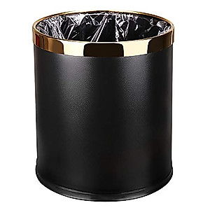 10Liter/2.64 Gallon Metal Trash Can with Faux Leather,Double-Layer Dustbin Without Cover Garbage Bin for for Bathroom Office Bedroom Living Room Kitchen (Gold Circle, Black)