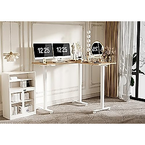 INNOVAR Solid Wood Triple Motor L Shaped Standing Desk, 63 x 55 inch Corner Stand Up Desk, Adjustable Height Home Office Desk, White Frame/Nature Top