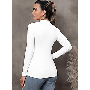FOUGEDE Women's Mock Turtleneck Long Sleeve/Sleeveless/Half Sleeve/Short Sleeve/Crop Top Basic Fitted Stretch Slim Tops White