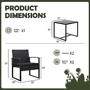 Devoko 3 Piece Patio Outdoor Furniture Set Wicker Table and Chairs Set for Balcony Porch Bistro, Black
