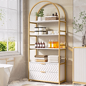 Tribesigns 4-Tier Bookshelf with 2 Drawers, 74.80”H Tall Bookcase 4 Display Shelf Small Place, Free Standing Multipurpose Storage Rack Etagere Book Shelves Tower, Home Office, White, Gold