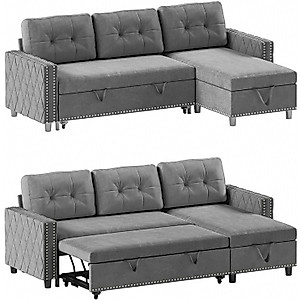 Mjkone 3 Seat L-Shape Sectional Sofa Couch with Pull Out Bed and Reversible Storage Chaise, Modern 83 Inch Sleeper Sofa with Breathable Velvet Fabric and Nailhead Trim for Living Room, Dark Gray