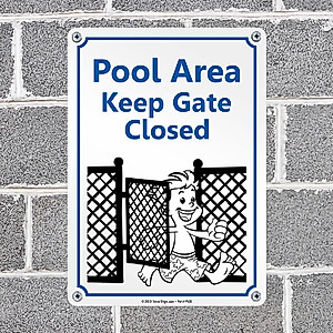 SmartSign 14 x 10 inch “Pool Area - Keep Gate Closed” Metal Sign with Funny Graphic, 40 mil Laminated Rustproof Aluminum, Blue, Black and White, Made in USA