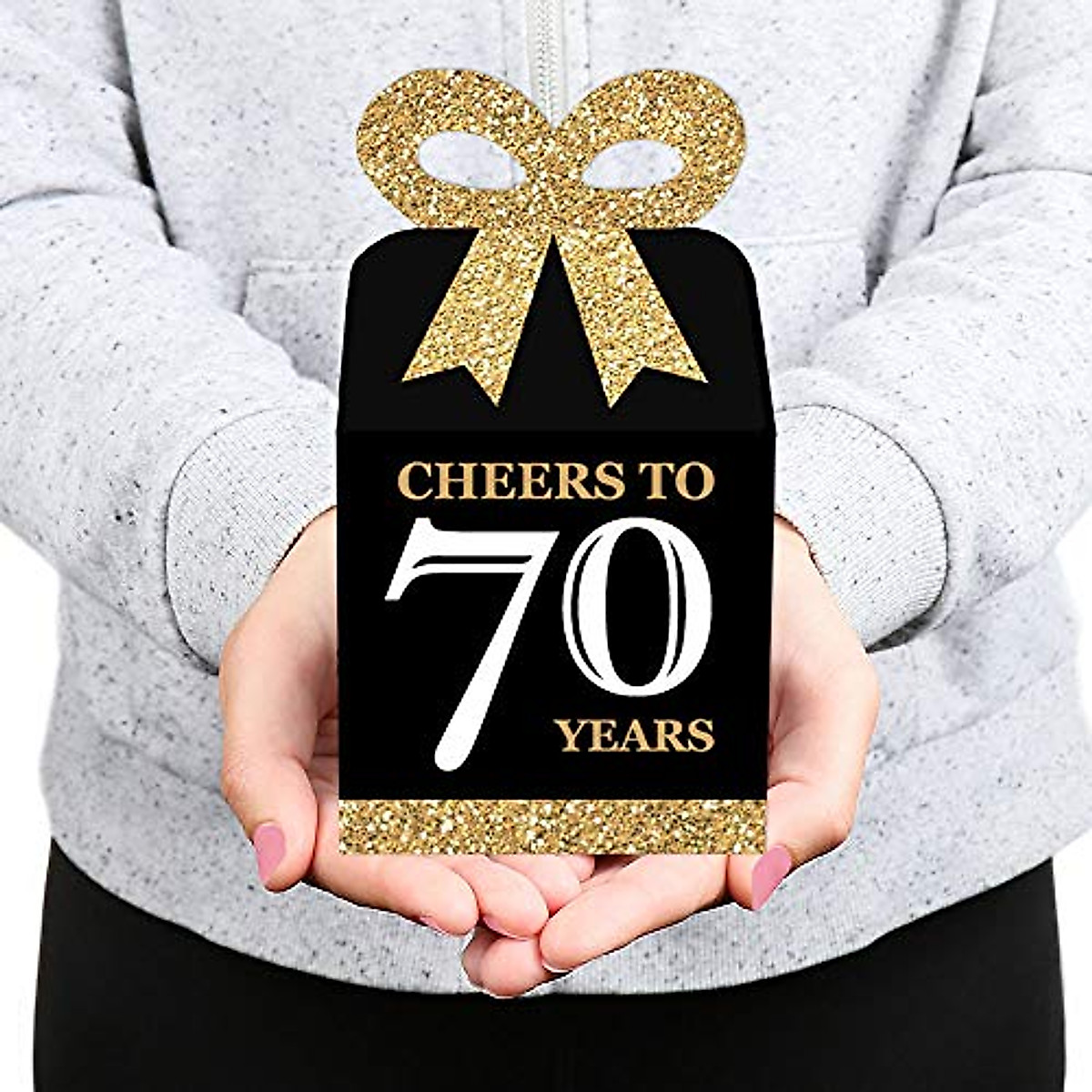 Big Dot of Happiness Adult 70th Birthday - Gold - Square Favor Gift Boxes - Birthday Party Bow Boxes - Set of 12