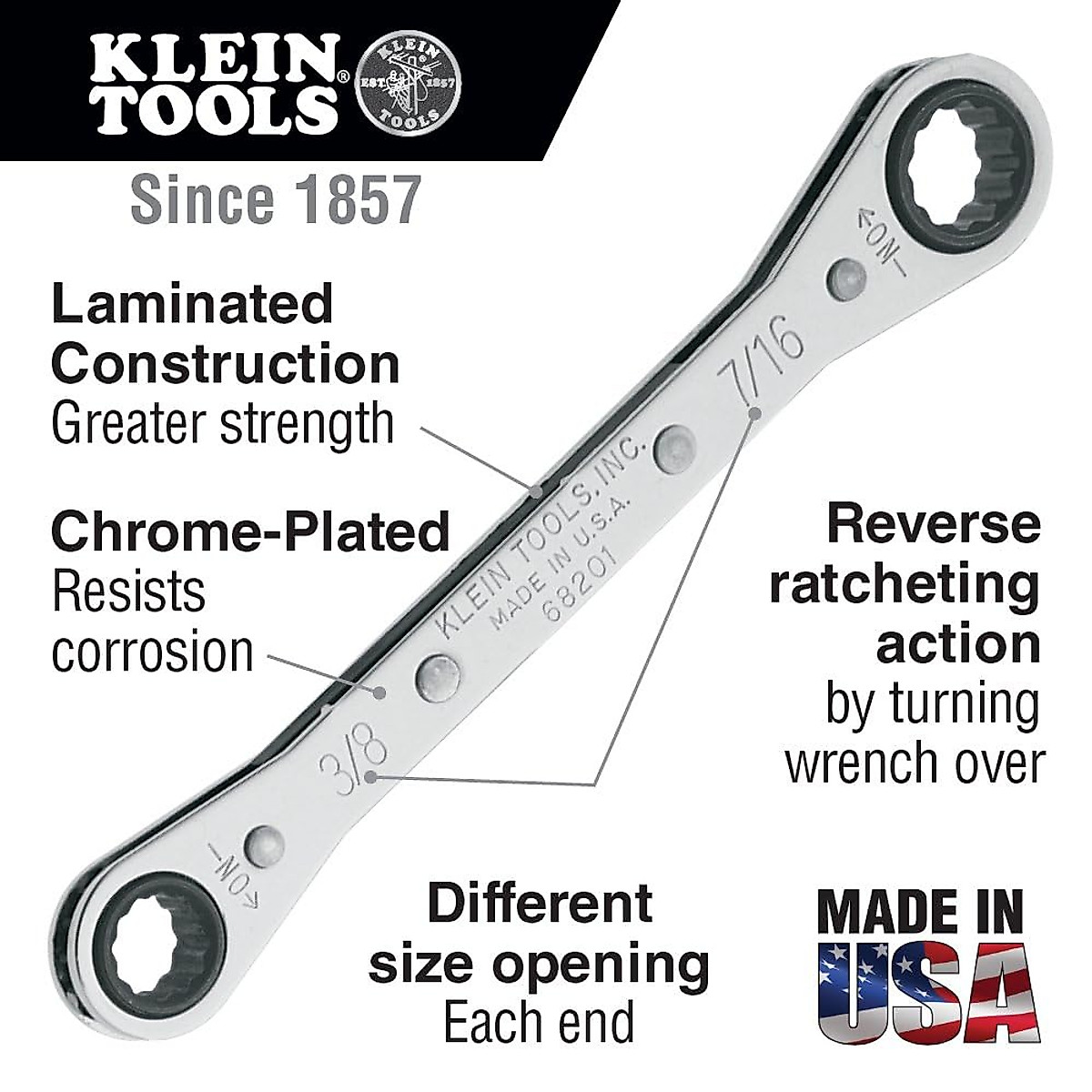 Klein Tools 68201 Ratcheting Box Wrench, Made in USA, 3/8-Inch x 7/16-Inch with Reverse Ratcheting and Chrome Plated Finish