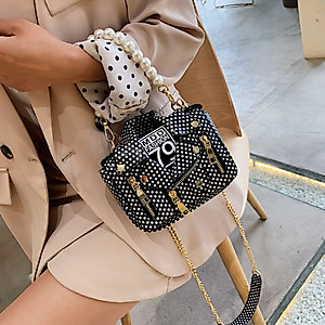 Women Motorcycle Shoulder Crossbody Bags Chain Jacket Bags Wave Point Messenger Bag Leather for Girls Purse (Black)