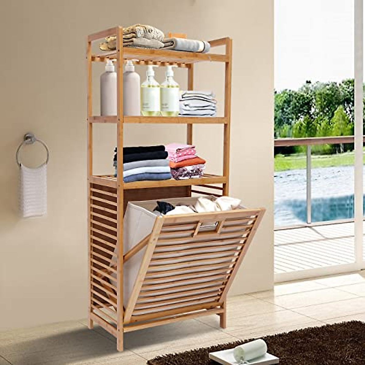 3-Tier Bamboo Laundry Hamper Cabinet Organizer Floor Stand Bathroom Storage Shelf Cabinet with Tilt Out Laundry Basket Dirty Clothes Bag for Laundry Room Bathroom Bedroom Closet