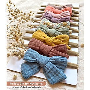 Cherssy Baby Muslin Hair Bows and Headbands, 10pcs Soft Nylon Hairbands for Newborn, Infants, Toddlers