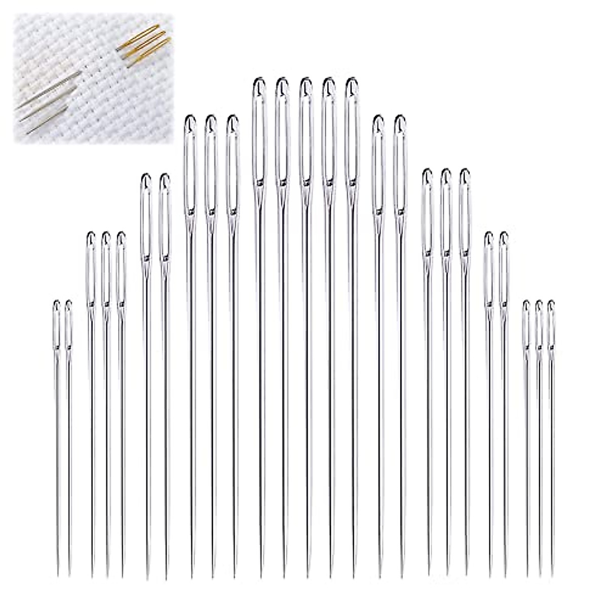 Large Eye Sewing Needles, Embroidery Needles, Stainless Steel, 25 Pieces Sharp Needles with Wooden Needle Case Carving Pattern