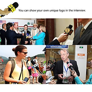 RETON 2 Pack Microphone Flag Station Square Cube Shaped Interview Mic Logo, Black ABS Mic Flag Microphone Accessories for Reporter KTV Host, with 10 Pcs Microphone Foam Cover