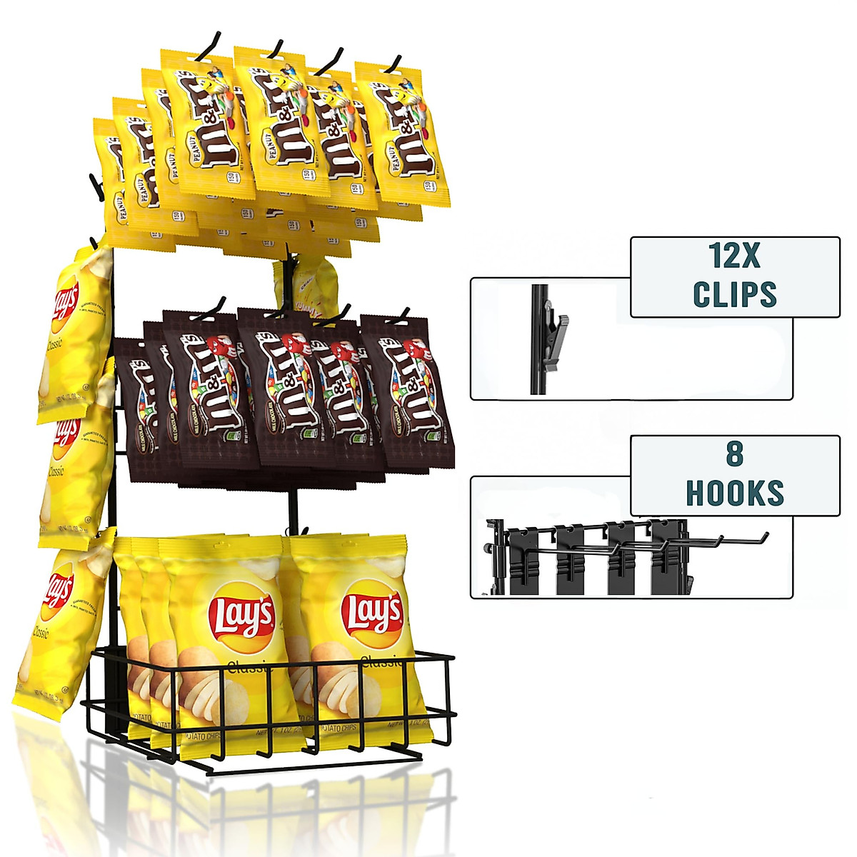 DS THE DISPLAY STORE Retail Display Rack, 12 Clips & 8 Removable Peg Hooks, Matte Black Countertop Snack Organizer for Retail Store Supplies, Candy Merchandise Stand