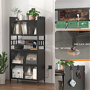 REENLIV 5-Tier Bakers Rack with Power Outlet, Microwave Stand, Bread Rack,Coffee Stand, Baker's Rack with Rolling Wheels and 4 Hooks, Kitchen Shelves for Spices, Pots and Pans,Black