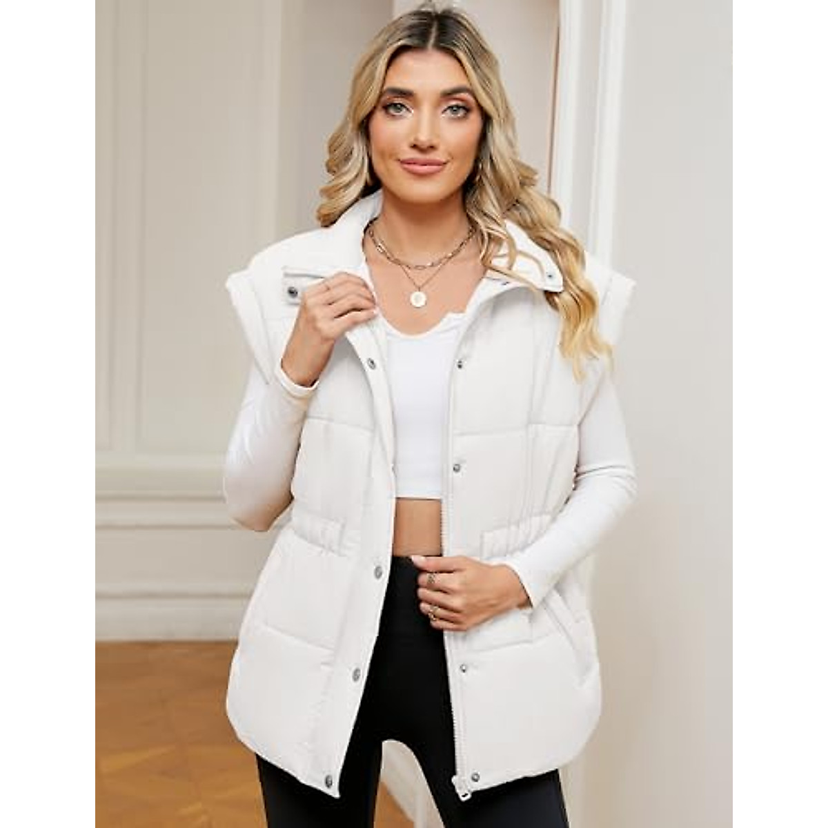 Rapbin Women's Fashion Lightweight Quilted Puffer Vest Winter Zip Up Padded Outerwear Jacket Coat with Pockets (White, XL)