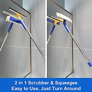 BITOPE 2 in 1 Squeegee for Window Cleaning, 60" Extension Pole Long Handle Window Cleaner Tool,12" Window Squeegee and 2pcs 11" Microfiber Pads for Shower Glass Door, High Window Cleaning Kit