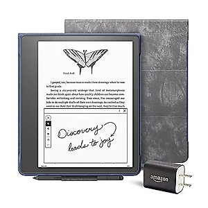 Kindle Scribe Essentials Bundle including Kindle Scribe (32 GB), Premium Pen, Brush Print Leather Folio Cover with Magnetic Attach - Tungsten, and Power Adapter