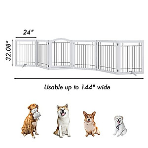 PAWLAND 144-inch Extra Wide 30-inches Tall Dog gate with Door Walk Through, Freestanding Wire Pet Gate for The House, Doorway, Stairs, Pet Puppy Safety Fence, Support Feet Included, White,6 Panels