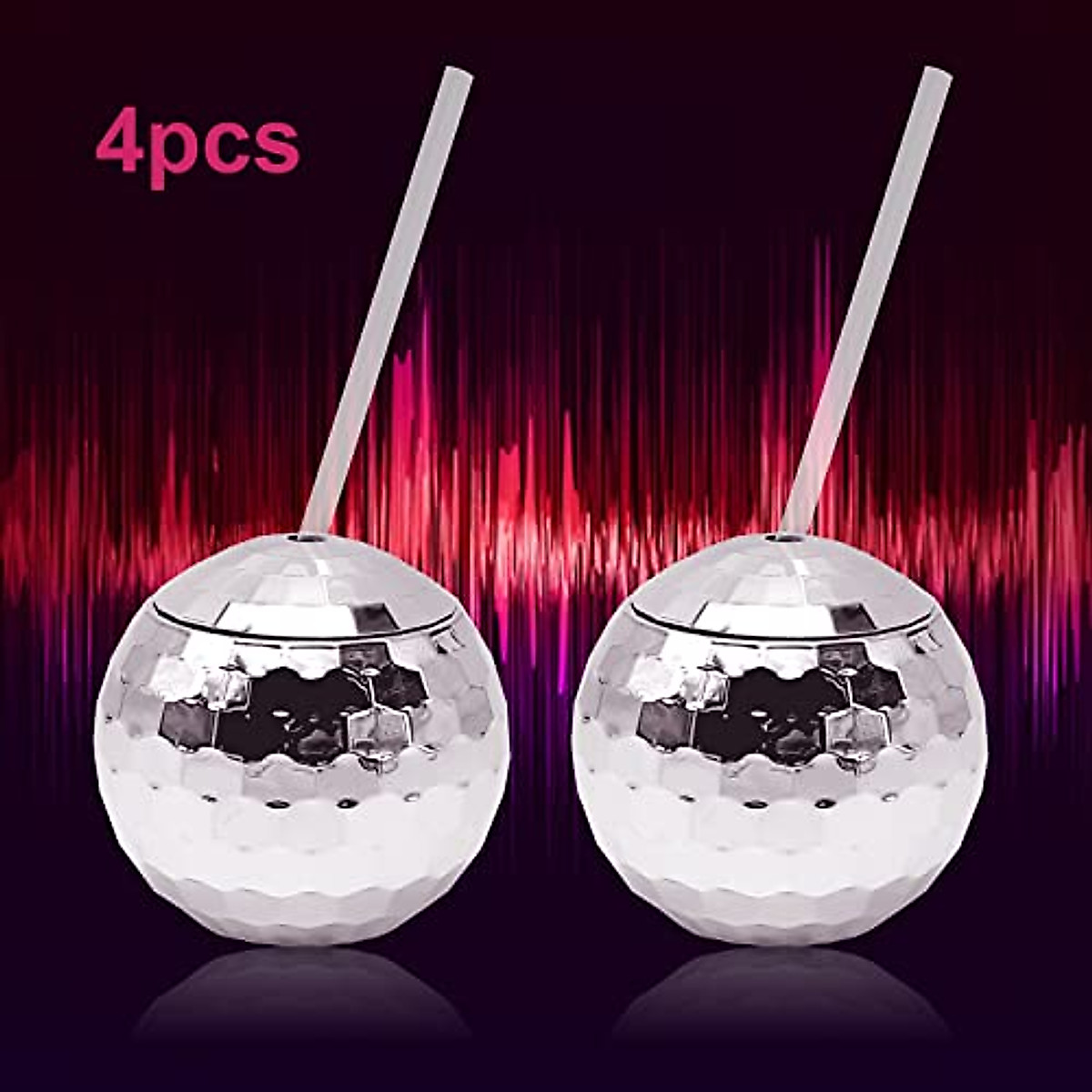 ZUDKSUY Disco Ball Cups Disco Ball Drink Tumbler 1970s Disco Ball Cups with Lid and Straw, Disco Flash Ball Cocktail Cups for Graduation Anniversary Party Wine Cup Tea Bottle, Silver, Set of 4