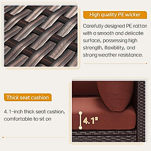 BULEXYARD High Back Brown PE Rattan Outdoor Patio Furniture Set with Propane Fire Pit Table, Large Wicker Outside Sectional Furniture Sofa Conversation Sets for Backyard(Dark Red, 9Pcs-B)