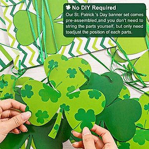 Whaline 4pcs St. Patrick's Day Banner Decoration Pre-Assembled Cartoon Holiday Flag Garland Double-Sided Green Lucky Shamrock Clover Banner Spring Irish Home Party Supplies