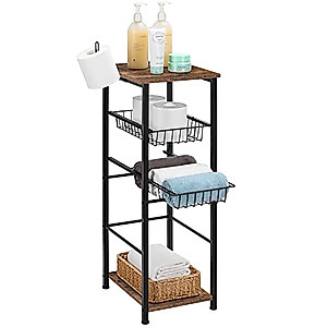 Bathroom Storage Cabinet Free Standing Units Organizer Shelf Floor Storage Tower with Drawers 4 Tier Shelving Rack with Paper Bar Narrow Storage Shelves for Bath Living Room Washroom, Farmhouse Brown