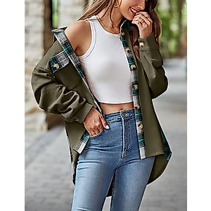 Bozanly Womens Waffle Knit Plaid Patchwork Shirts Lounge Loose Button Down Shacket Jacket Tops(0815-ArmyGreen-L)