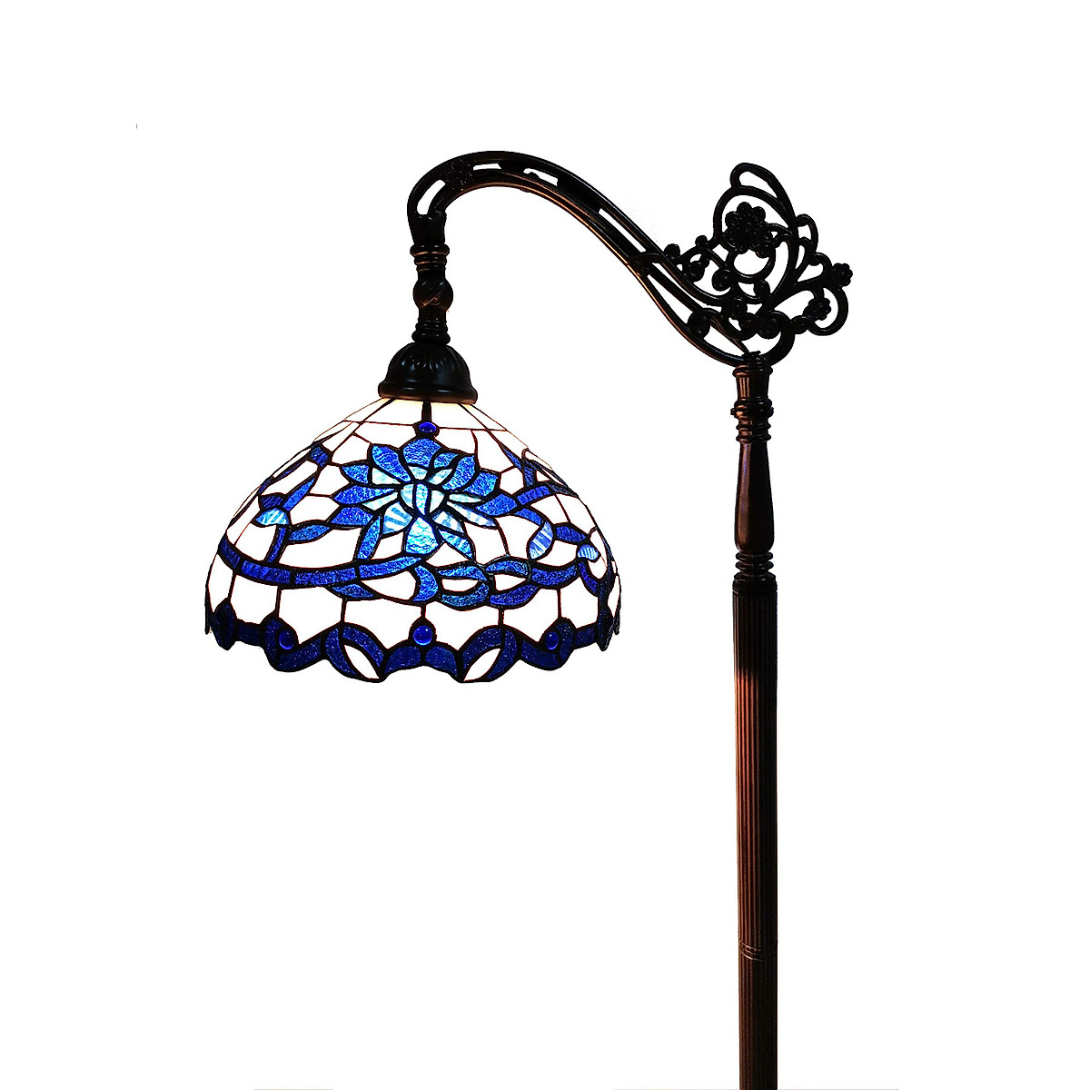 Warehouse of Tiffany TF473-FL12 Vinn 11-inch Blue/White Flower Design Glass/Bronze Tiffany-Style Reading Floor Lamp