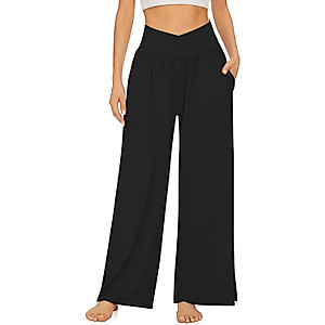 UEU Women Yoga Pants Wide Leg Comfy Loose Lounge Pajama Flowy Pants Pockets Casual Sweatpants Crossover High Waisted(Black, X-Large)