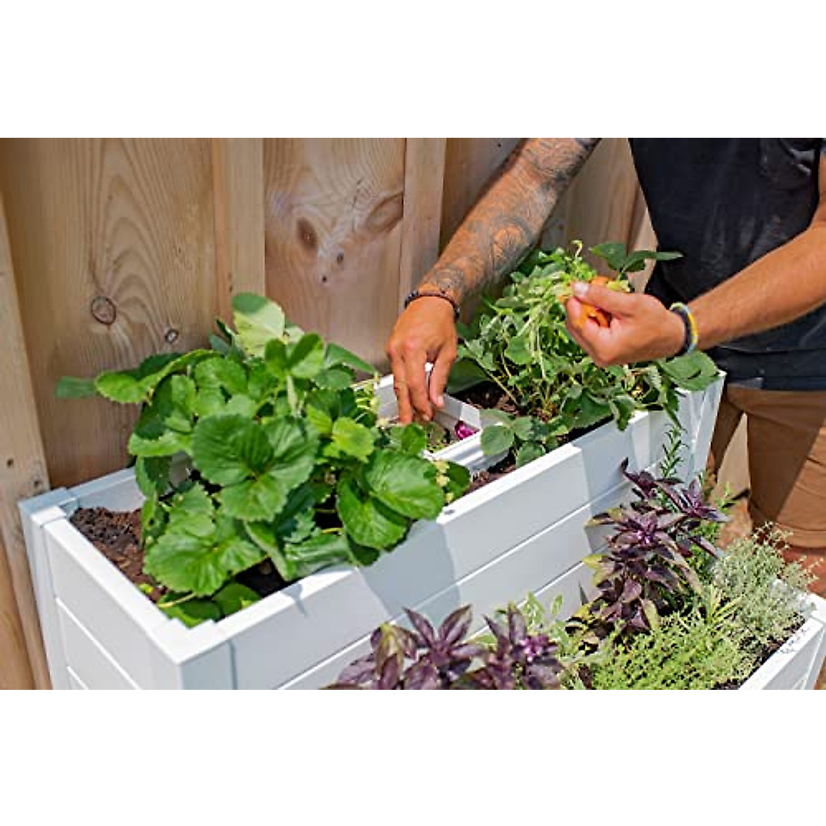 Vita Classic 33 inch x 33 inch Tiered Cascading Keyhole Garden with Composting Basket, White Vinyl, PVC, BPA and Pthalate Free, VT17109