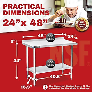 DuraSteel NSF Commercial Kitchen Table - 24 x 48 Inch Cooking Prep Stainless Steel Kitchen Island Workstation w/ Adjustable Under Shelf - Heavy Metal Backsplash Workbench For Restaurant, Home, Garage
